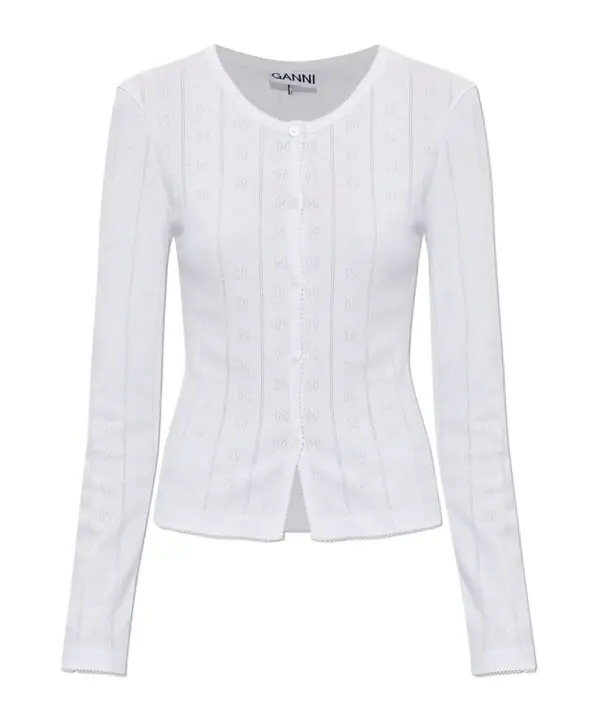 GANNI Pointelle Knit Round Neck Cardigan - White