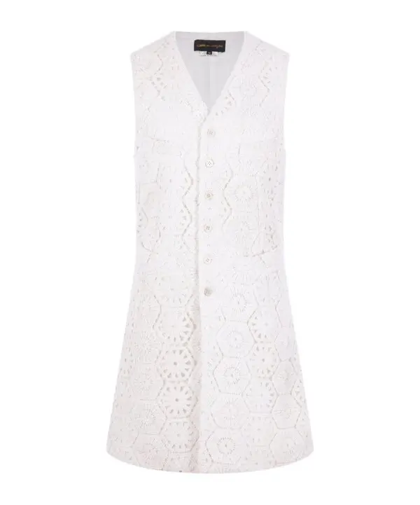 Comme Des Garçons V-neck Sleeveless Dress With Button Closure And Drawstring Detail