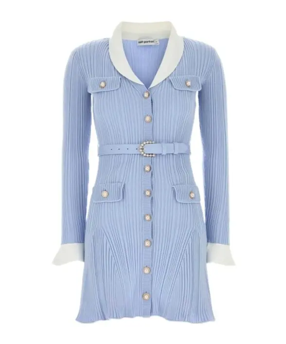 SELF-PORTRAIT Belted Ribbed Knit Mini Dress With Contrasting Collar