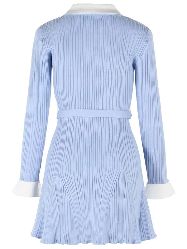 SELF-PORTRAIT Belted Ribbed Knit Mini Dress With Contrasting Collar
