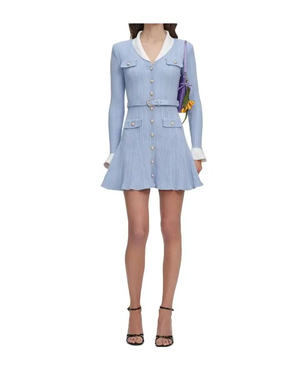 SELF-PORTRAIT Belted Ribbed Knit Mini Dress With Contrasting Collar