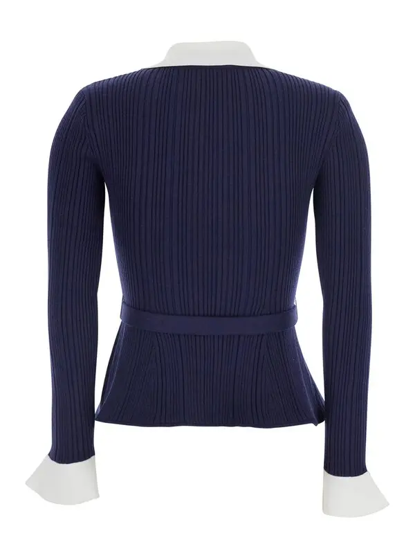 SELF-PORTRAIT Contrast-trim Belted Cardigan - Navy Blue