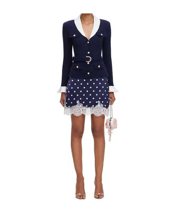 SELF-PORTRAIT Contrast-trim Belted Cardigan - Navy Blue