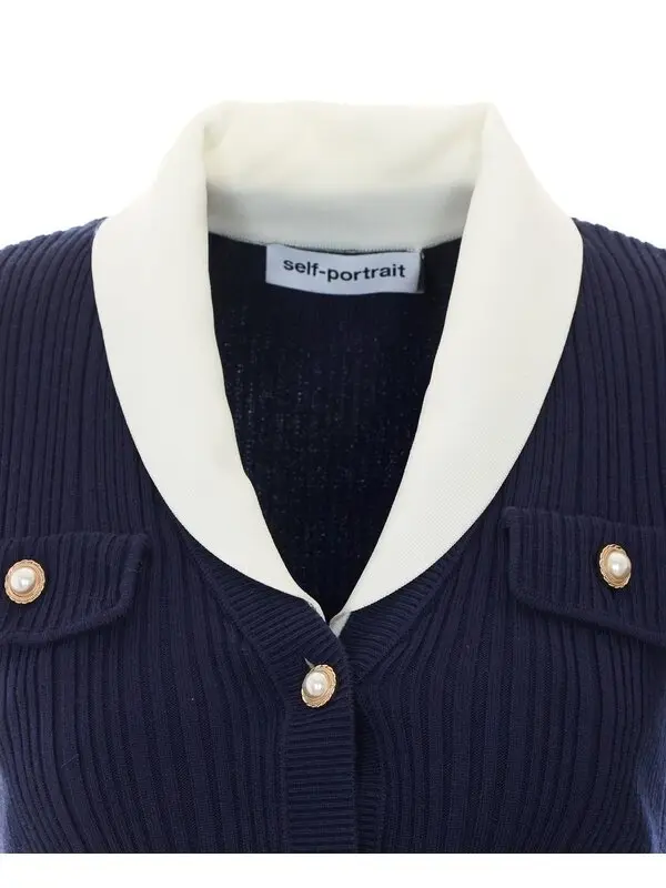 SELF-PORTRAIT Contrast-trim Belted Cardigan - Navy Blue