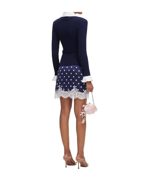 SELF-PORTRAIT Contrast-trim Belted Cardigan - Navy Blue