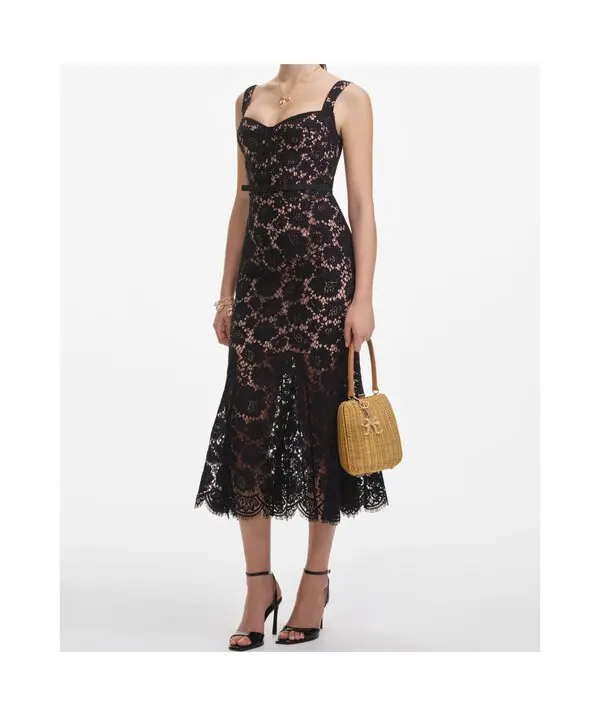 SELF-PORTRAIT Fine Lace Midi Dress With Detachable Belt