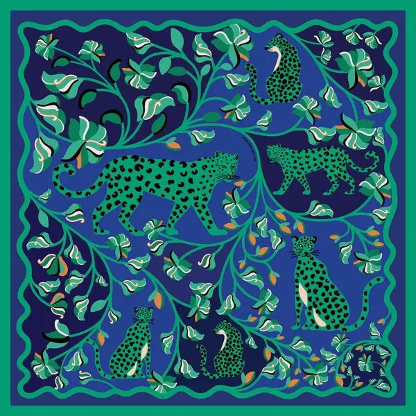 JESSIE ZHAO NEW YORK Double Sided Silk Scarf Of Leopards In The Verdant Wild Large - Blue