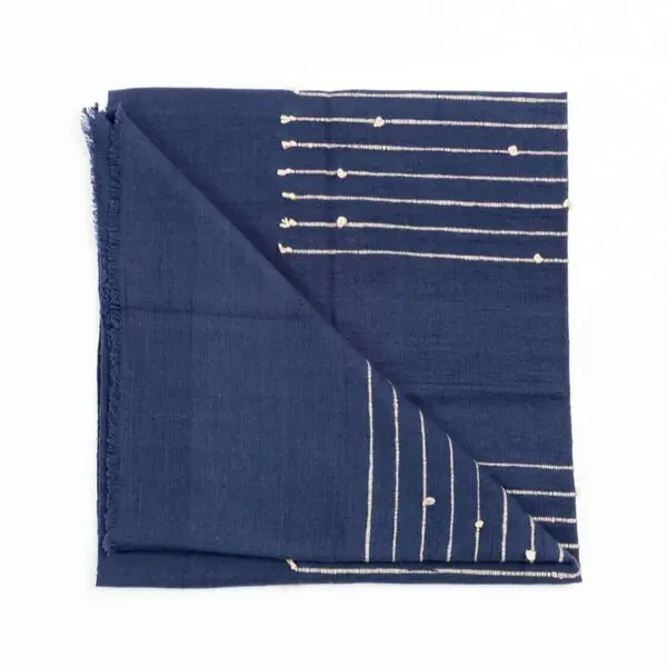 STUDIO VARIOUSLY Rosewood Indigo With Hand Knotted Stripes Handloom Merino Throw - Blue