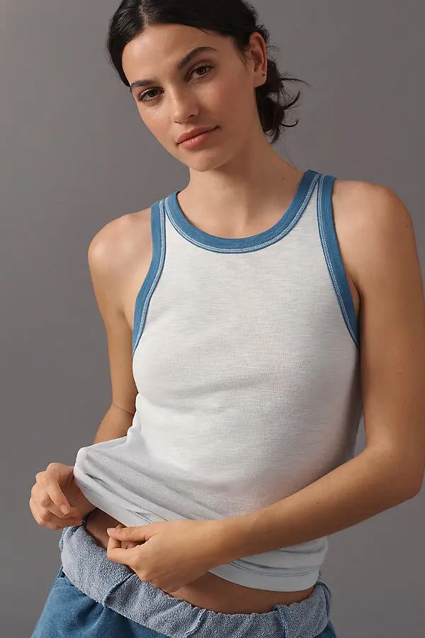 PILCRO Cotton Blend Tank Top With Contrast Trim - Blue