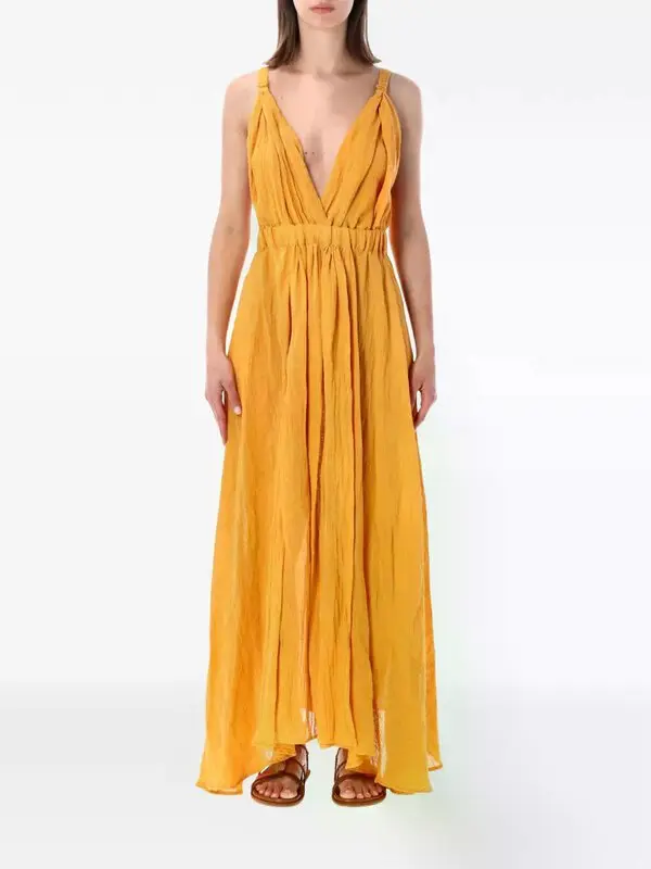 120% Lino V-neck Maxi Dress With Open Back And Front Slit