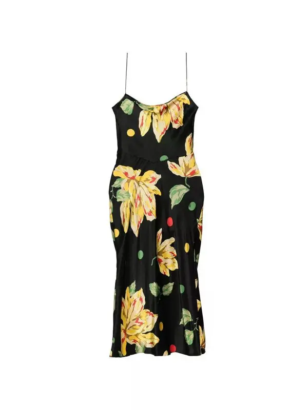 John Galliano Floral Print Sleeveless Midi Dress - Black