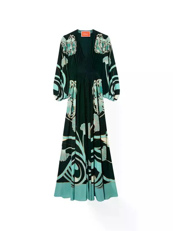 La DoubleJ Blooming Tulip Placed Dark Long Camerino Dress - Green