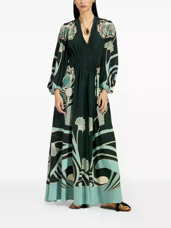 La DoubleJ Blooming Tulip Placed Dark Long Camerino Dress - Green