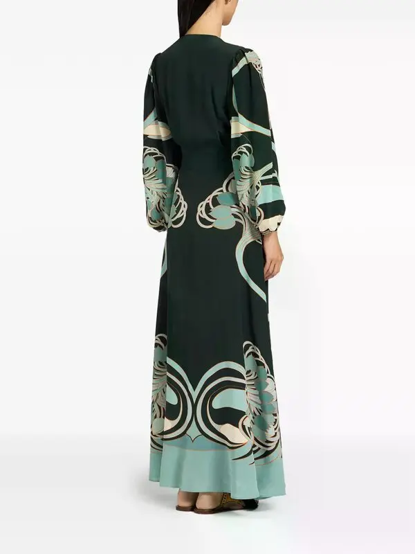 La DoubleJ Blooming Tulip Placed Dark Long Camerino Dress - Green