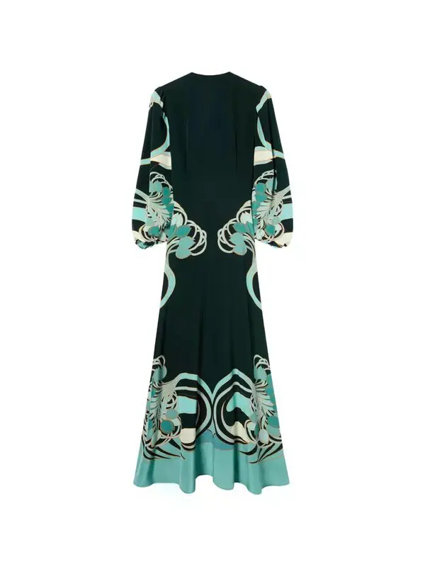 La DoubleJ Blooming Tulip Placed Dark Long Camerino Dress - Green