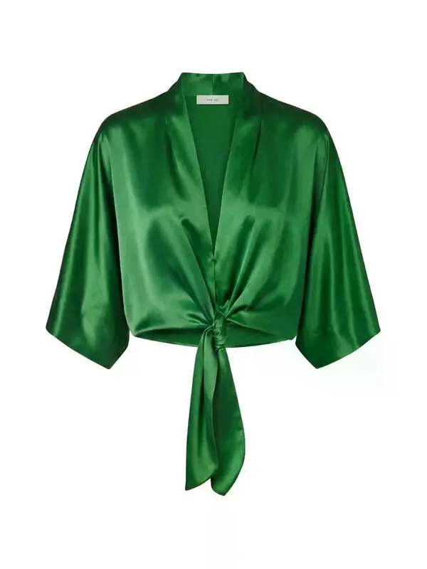 THE SEI Dolman Tie-front Silk Blouse - Green