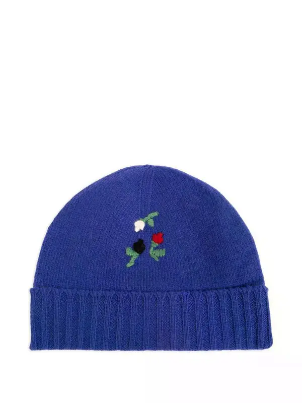 Marni Ribbed Wool Beanie With Floral Embroidery - Blue