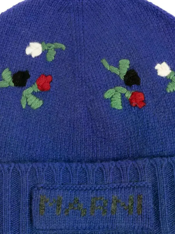 Marni Ribbed Wool Beanie With Floral Embroidery
