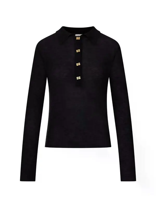 GANNI Ribbed Knit Polo Top - Black