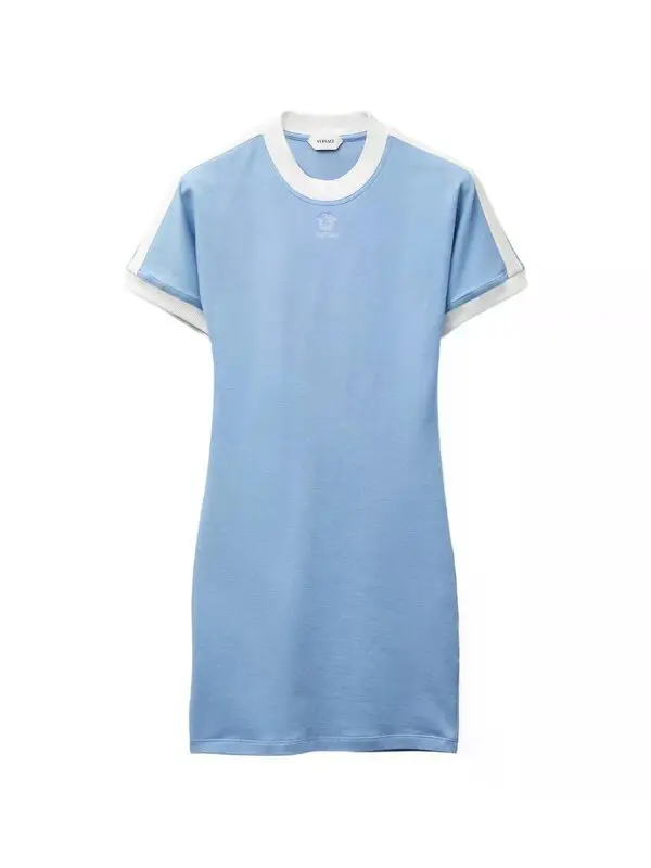 Versace Embroidered Logo Stretch Cotton-jersey Mini Dress - Blue