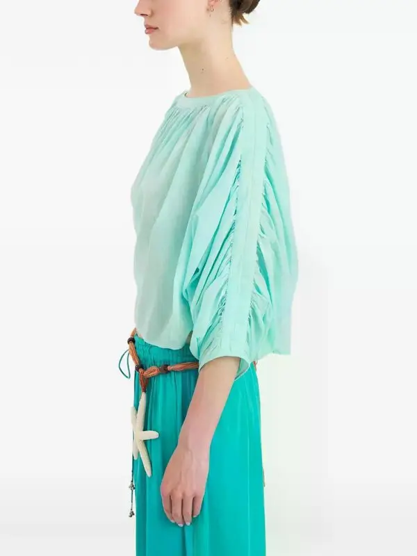 Antik Batik Ruched-sleeve Boat-neck Top - Blue