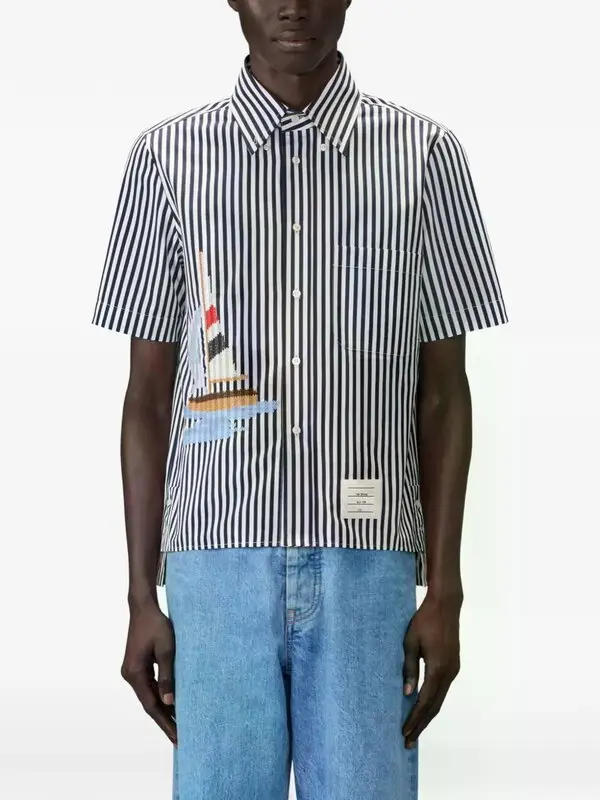 Thom Browne Sailboat-embroidered Striped Shirt - Blue