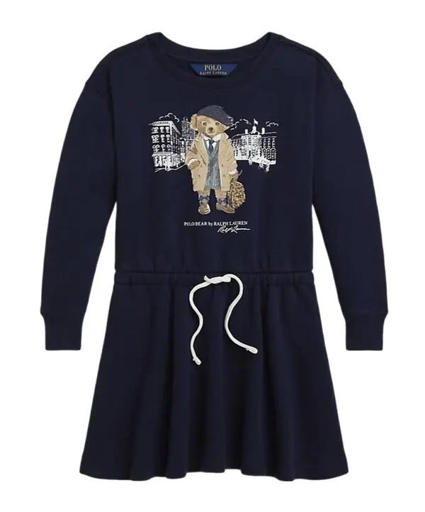 Ralph Lauren Long Sleeve Crewneck Dress With Drawstring Waist And Polo Bear Graphic