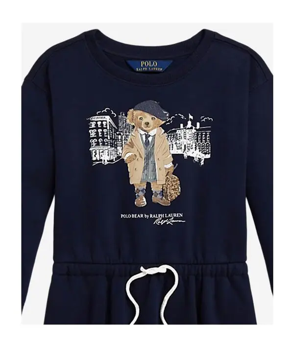 Ralph Lauren Long Sleeve Crewneck Dress With Drawstring Waist And Polo Bear Graphic