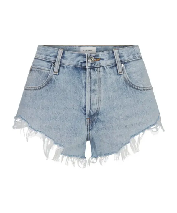 FRAME High Rise Distressed Frayed Denim Shorts - Blue