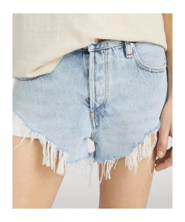 FRAME High Rise Distressed Frayed Denim Shorts - Blue