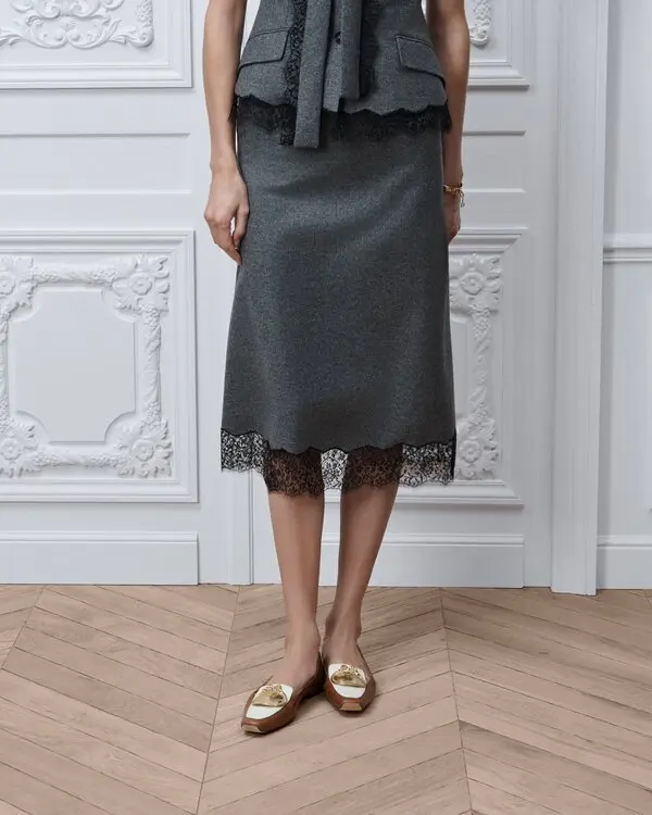 Dior Mid-length Wool-cashmere Flannel Skirt With Lace Hem - Grey