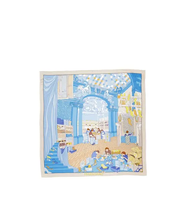 FERRAGAMO Atelier Print Sqaure Silk Scarf - Blue