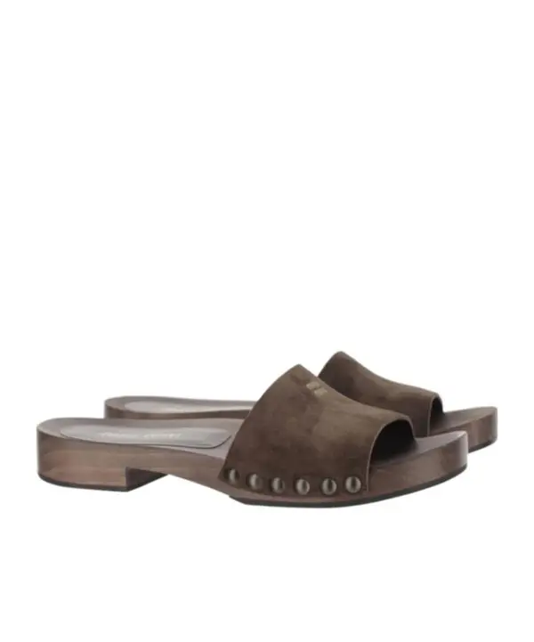 Miu Miu Open Toe Suede Clogs With Stud Detailing - Gray