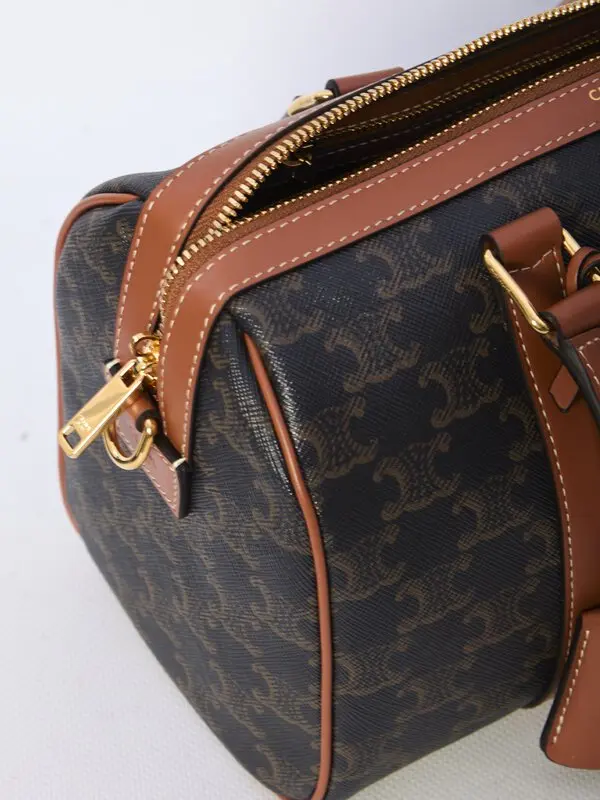Celine Medium Boston Bag In Triomphe Canvas And Calfskin