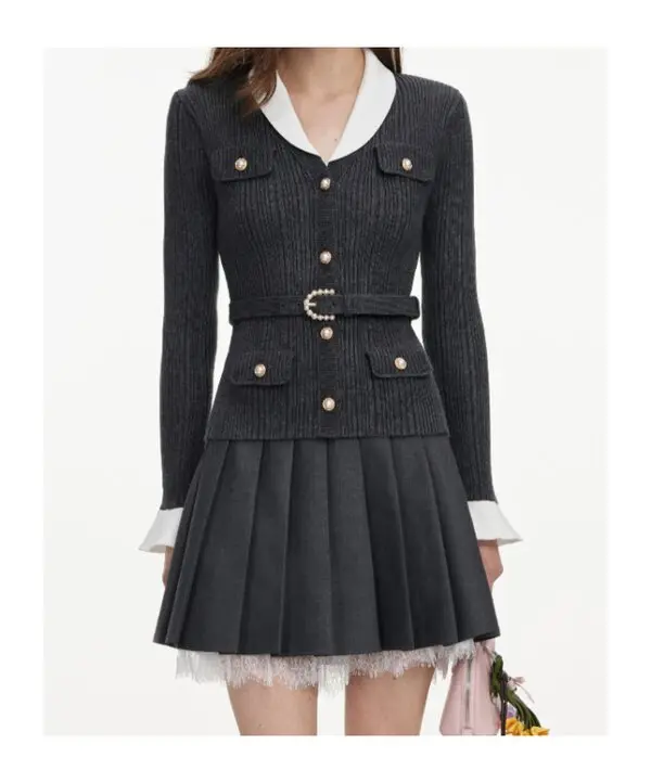 SELF-PORTRAIT Contrast Collar Belted Cardigan