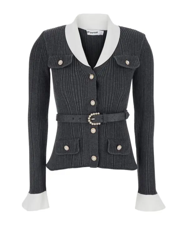 SELF-PORTRAIT Contrast Collar Belted Cardigan - Grey