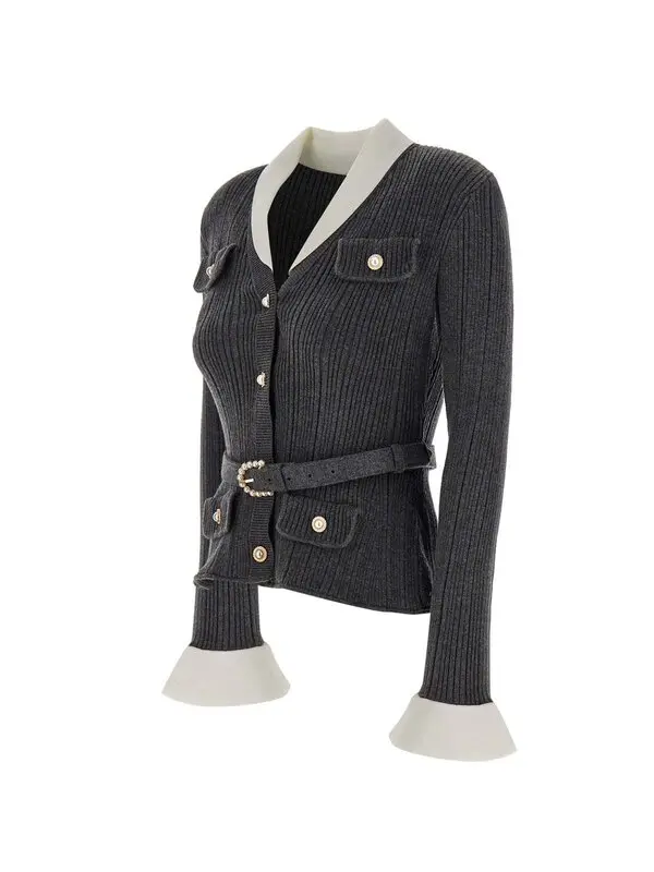 SELF-PORTRAIT Contrast Collar Belted Cardigan - Grey