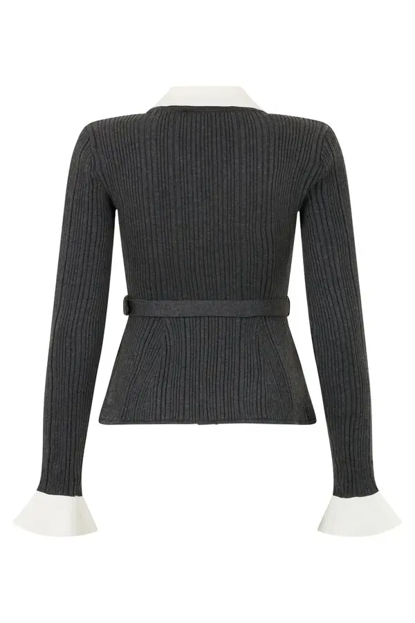 SELF-PORTRAIT Contrast Collar Belted Cardigan - Grey