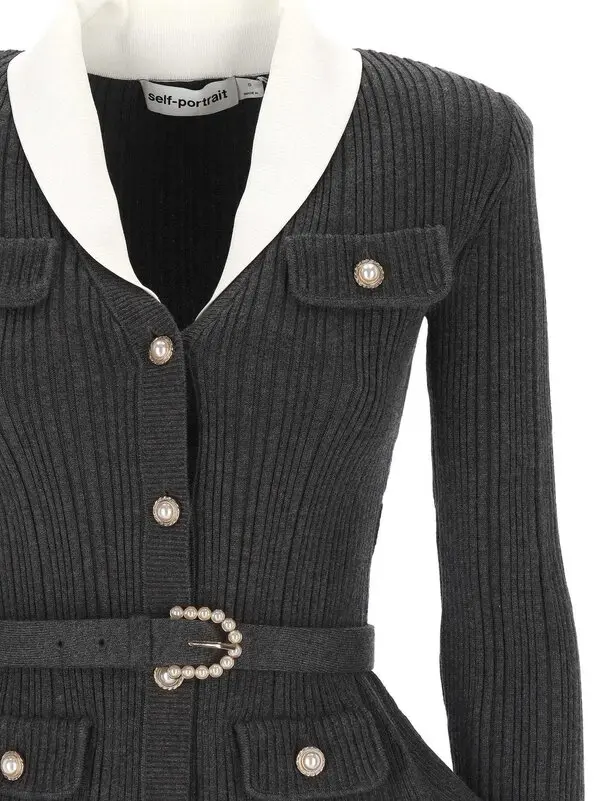 SELF-PORTRAIT Contrast Collar Belted Cardigan - Grey