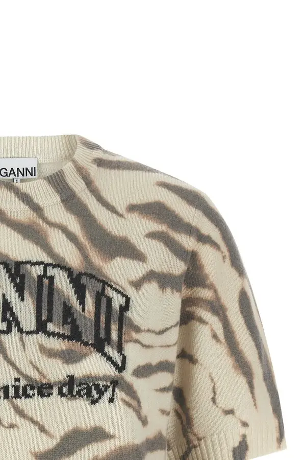 GANNI Graphic Logo Knitted Short Sleeve Top - Egret