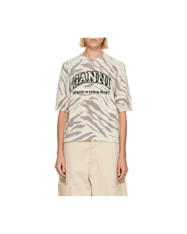 GANNI Graphic Logo Knitted Short Sleeve Top - Egret