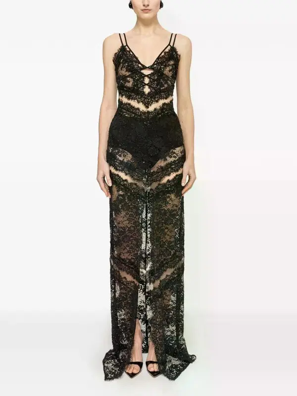 NISSA Beaded Lace-trimmed Maxi Dress - Black