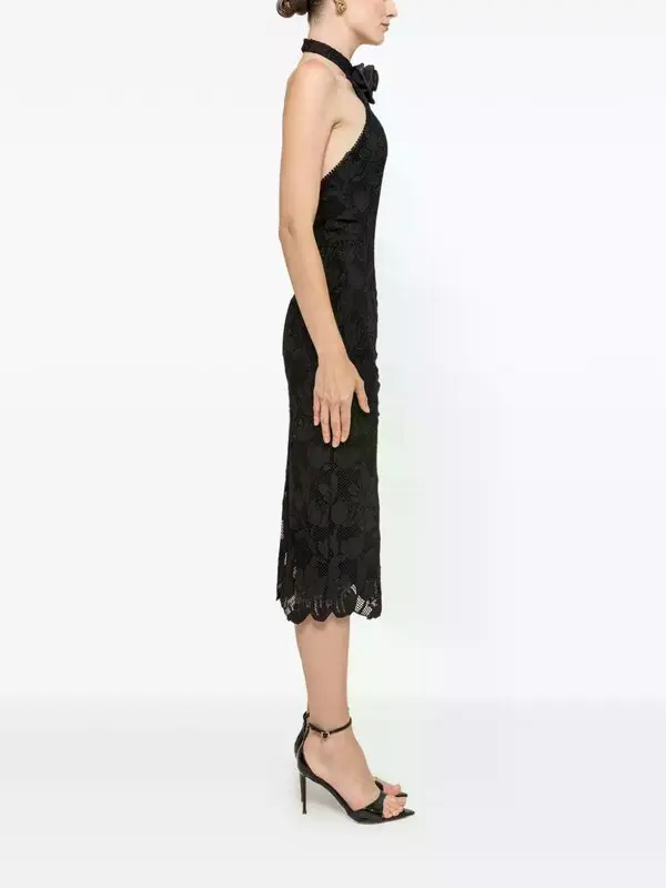 NISSA Flower Appliqué Midi Dress - Black