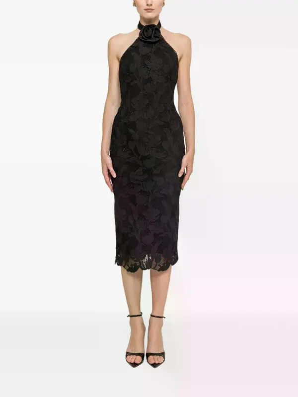 NISSA Flower Appliqué Midi Dress - Black