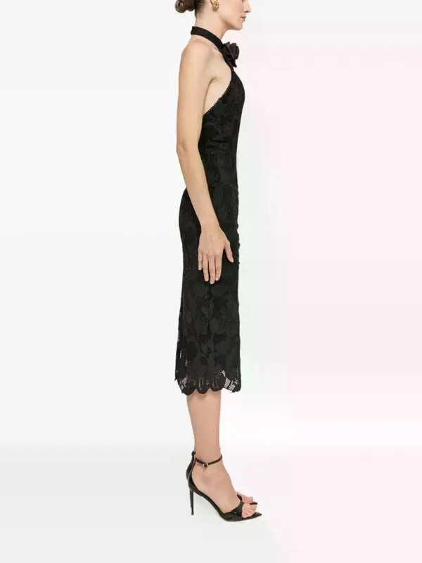 NISSA Flower Appliqué Midi Dress - Black