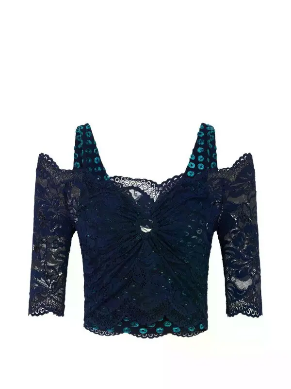 Rabanne Navy Floral Lace Embellished Velvet Top