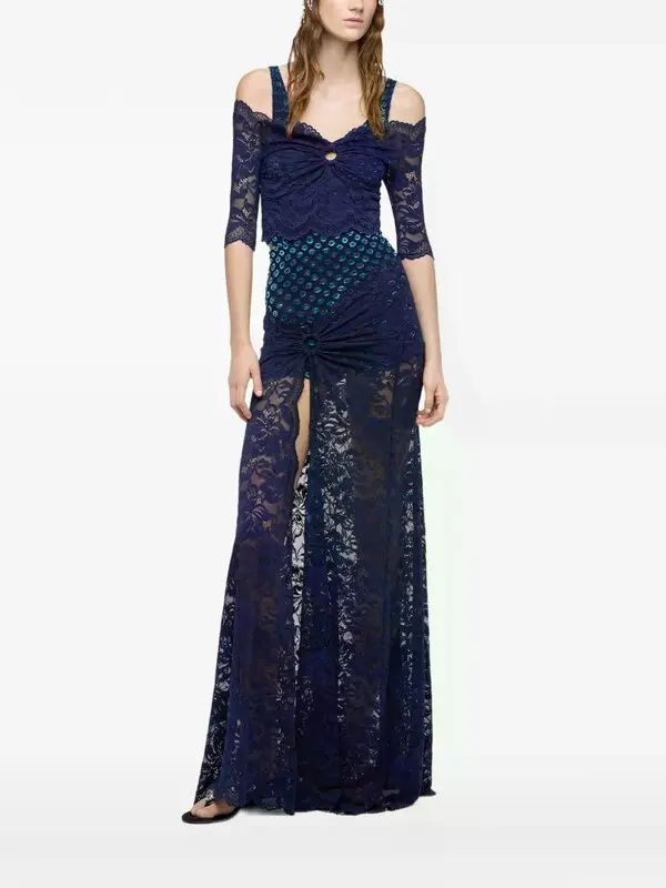 Rabanne Navy Floral Lace Embellished Velvet Top - Blue