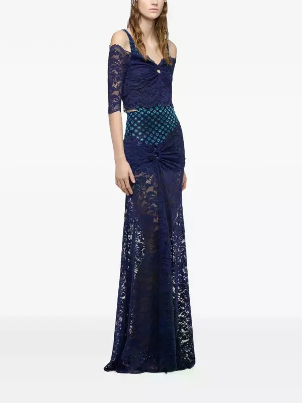 Rabanne Navy Floral Lace Embellished Velvet Top - Blue