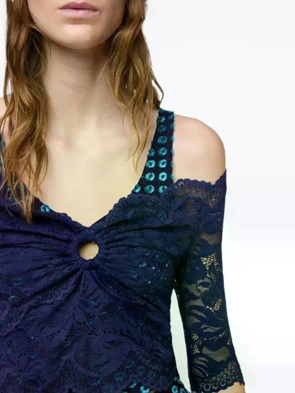 Rabanne Navy Floral Lace Embellished Velvet Top - Blue
