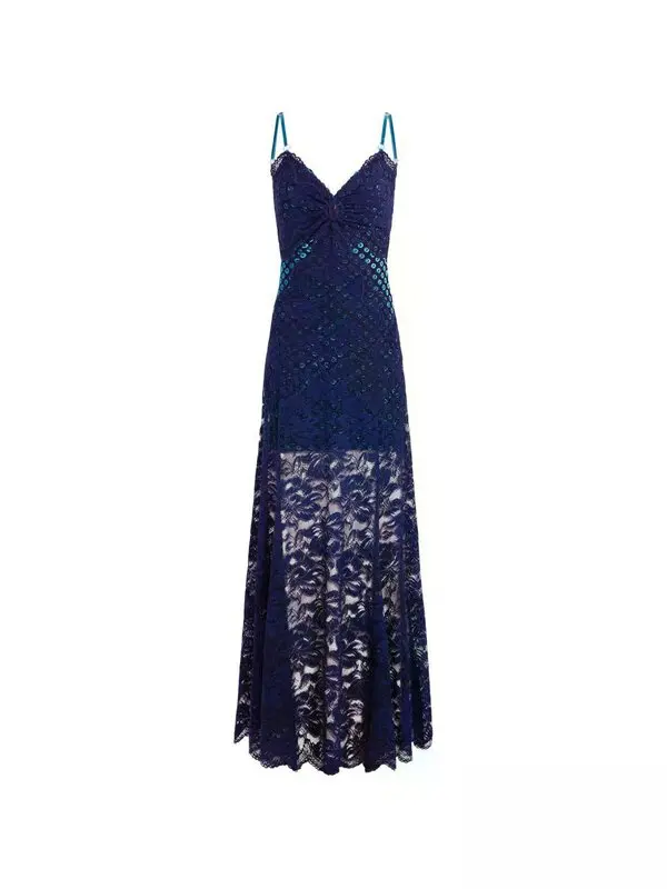 Rabanne Navy Lace Texture Floral Pattern V-neck Dress - Blue